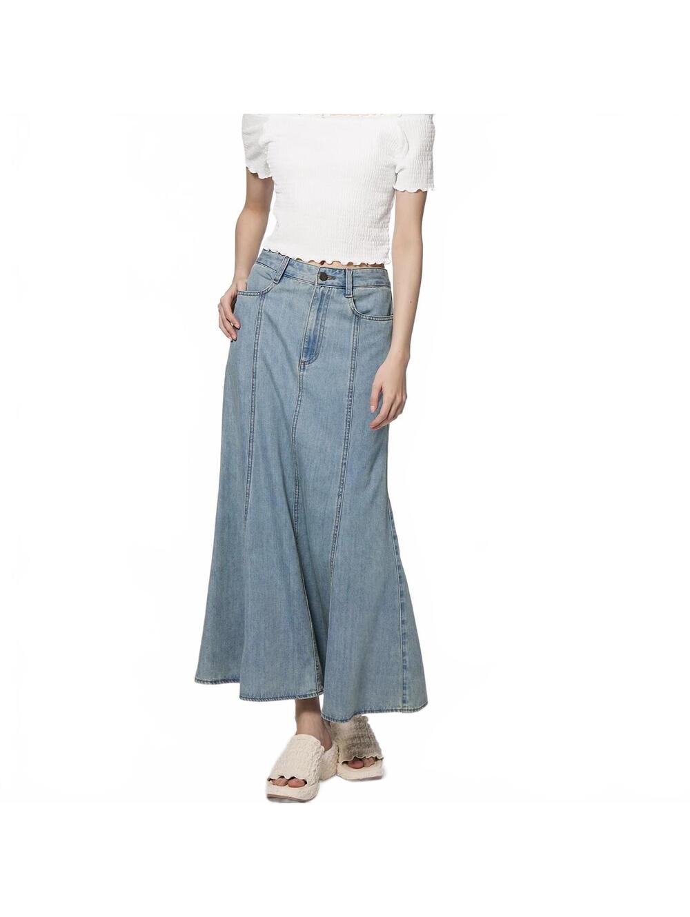 Uniqlo | Skirts | Uniqlo Gu Light Denim Flared Maxi Skirt Blue Xs ...